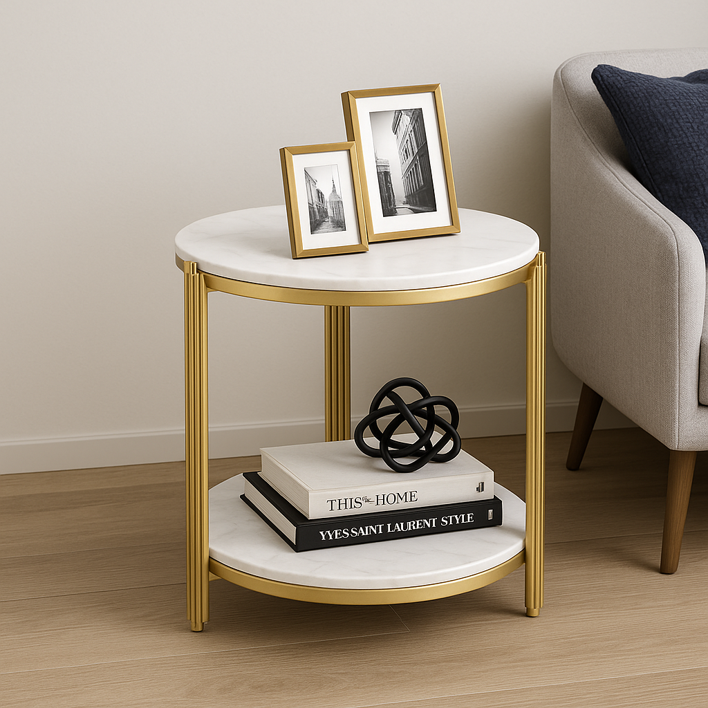 RESIGILAT - Masuta rotunda pe 2 nivele, blat tip piatra, cadru metalic ...